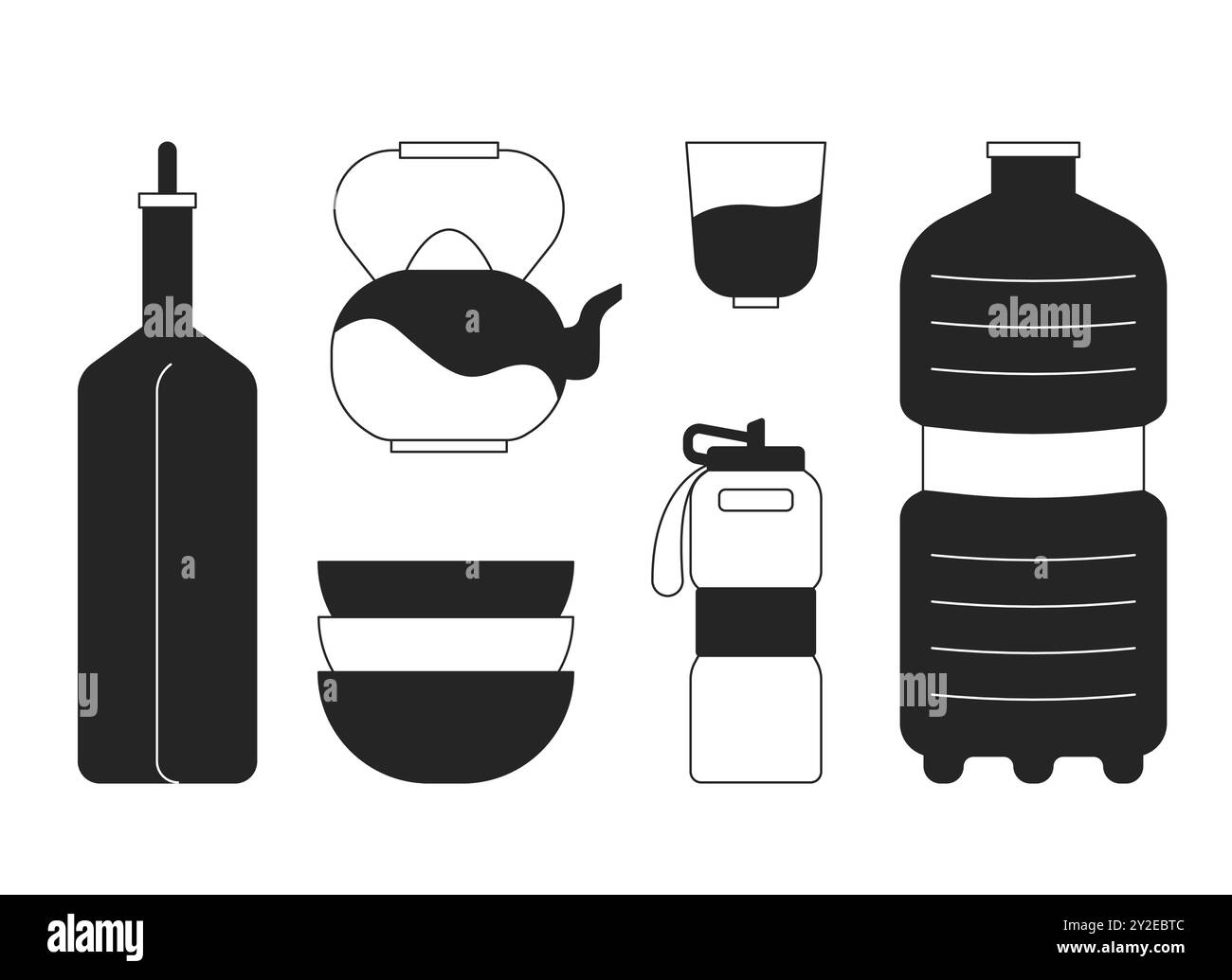 Containers for liquid black and white 2D line cartoon objects set Stock ...