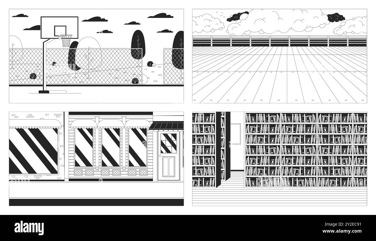 Empty public places black and white line illustration set Stock Vector ...