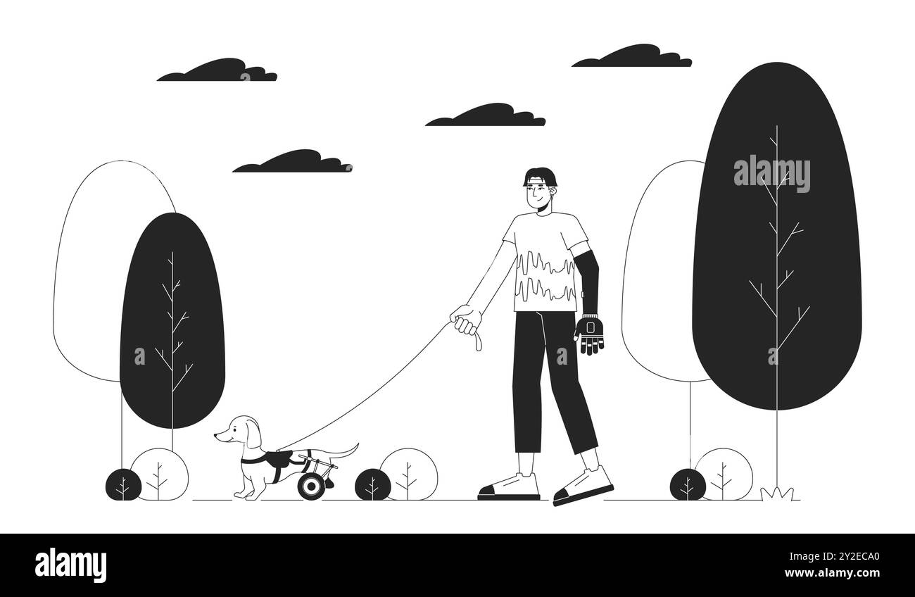 Disabled pet owner line black and white line illustration Stock Vector ...