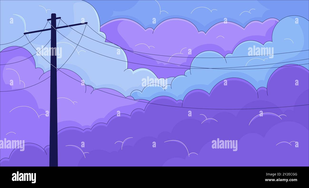 Power transmission lines against cloudy sky 2D cartoon background Stock ...