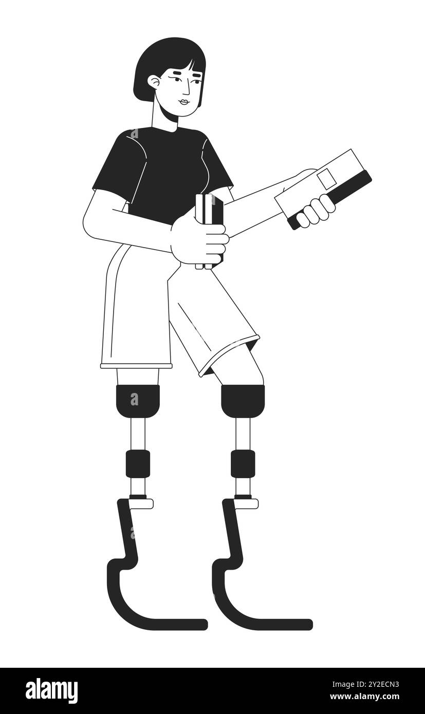Asian woman with prosthetic legs holding books black and white 2D line ...