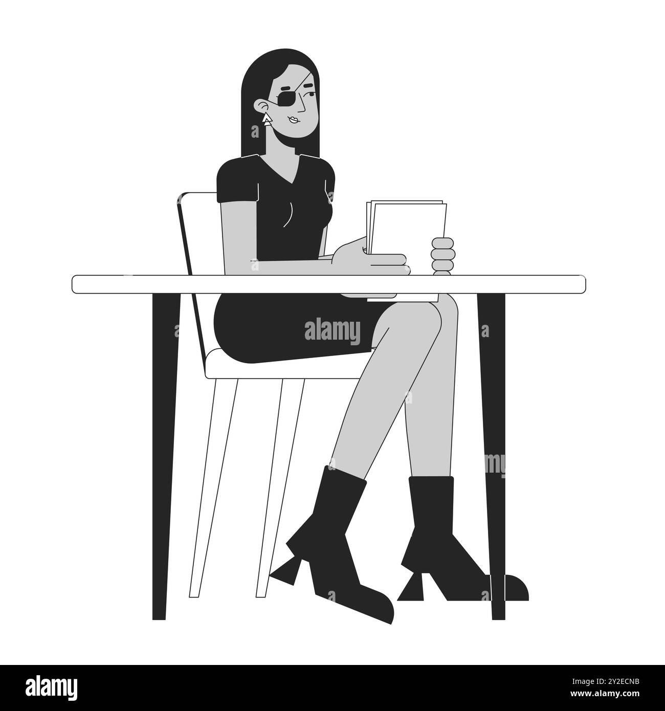 Arab woman with eye patch in office black and white 2D line cartoon ...