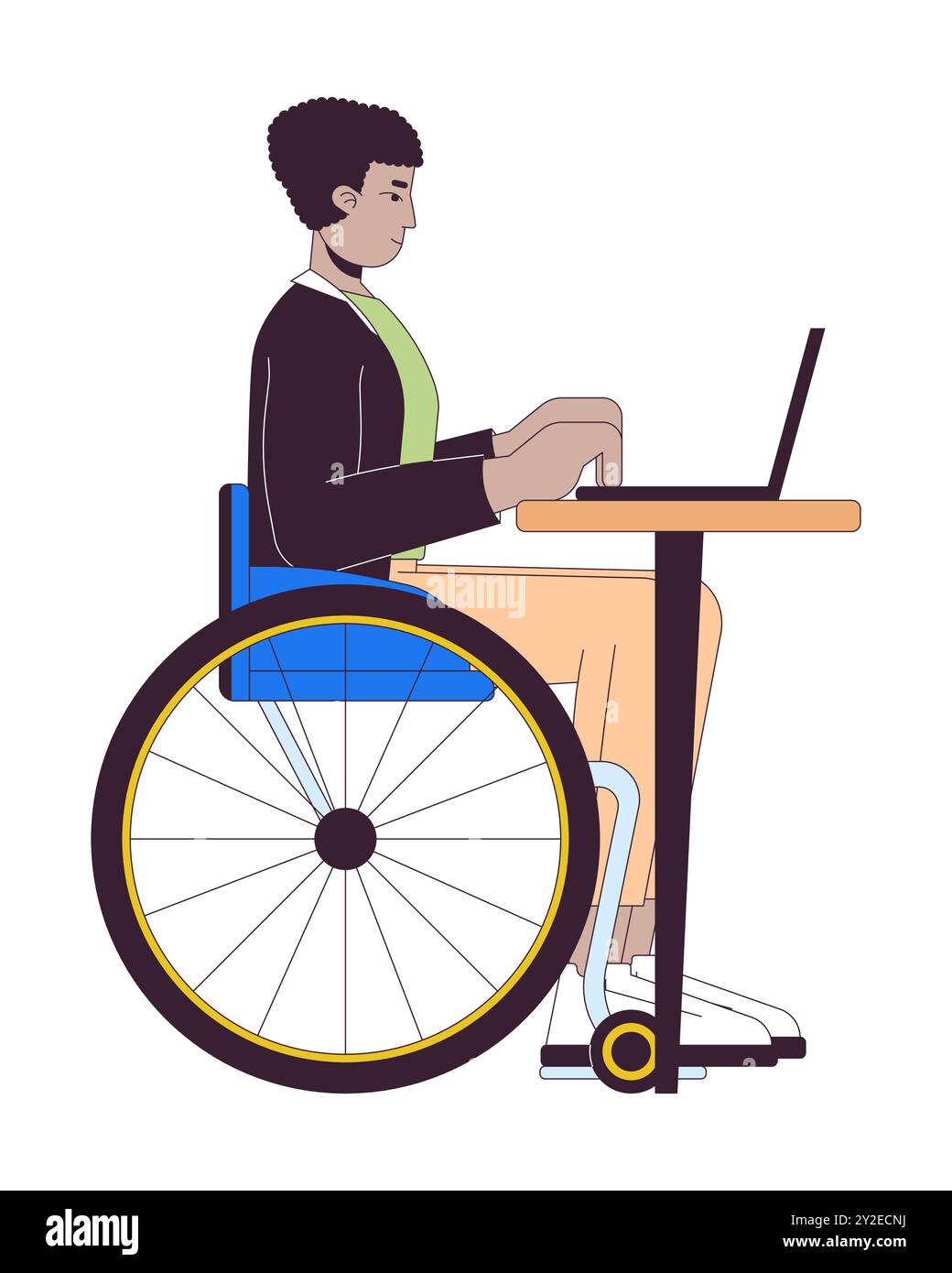 Disabled latin american man working on laptop 2D linear cartoon ...