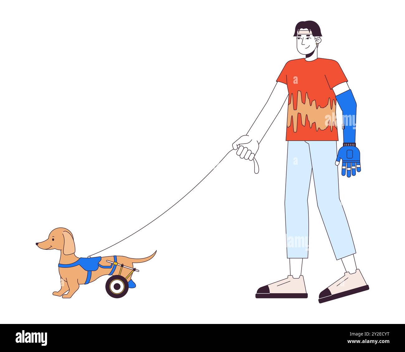 Disabled asian man walking wheelchaired dog 2D linear cartoon character ...