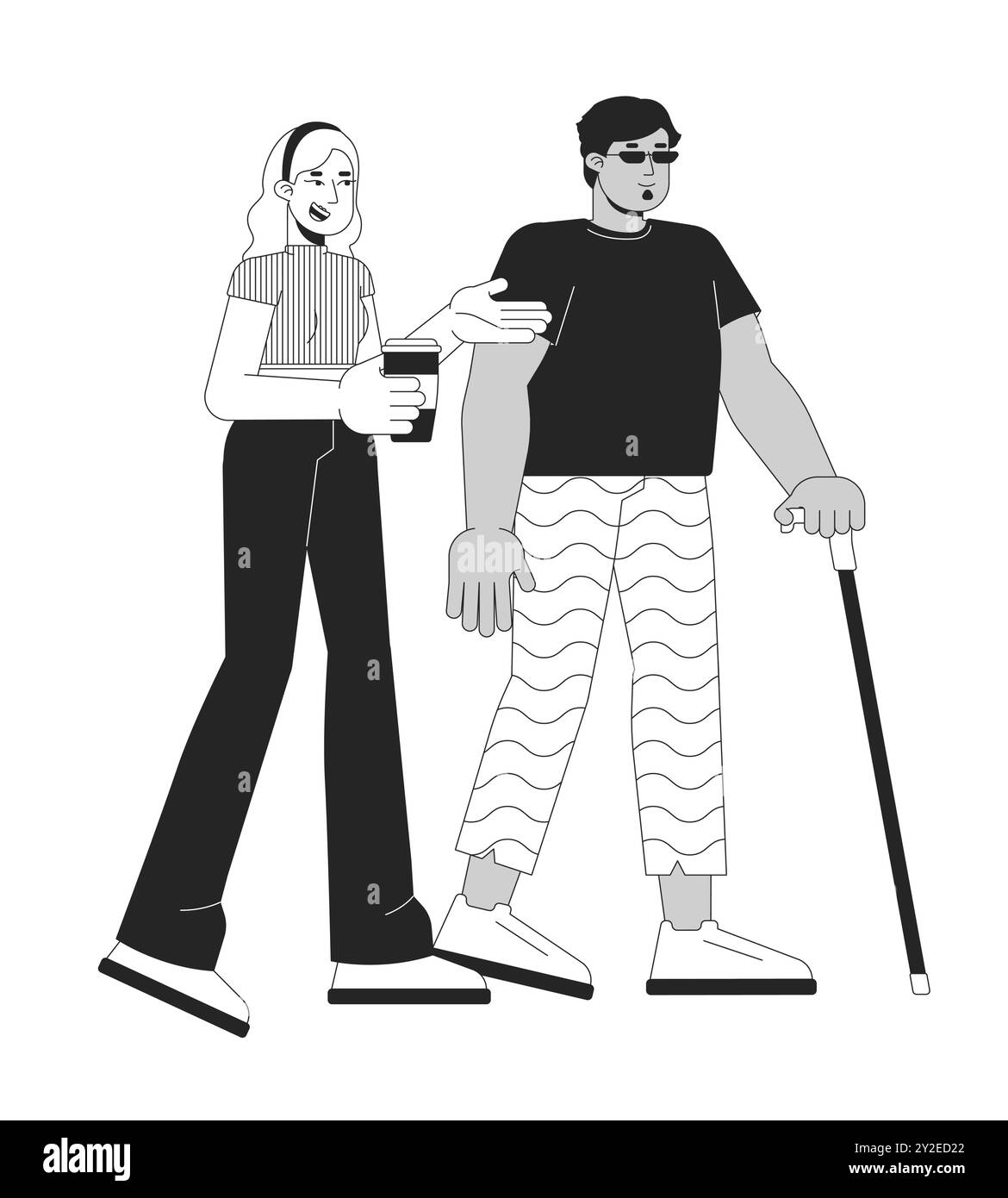 Diverse friends walking together black and white 2D line cartoon ...