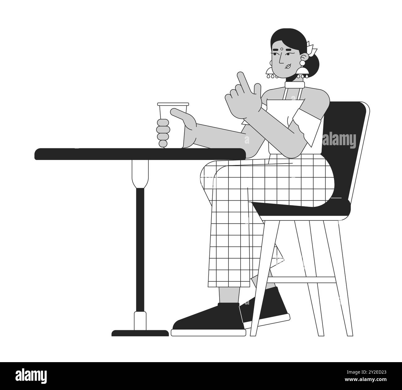 Indian woman sitting at cafe table black and white 2D line cartoon ...