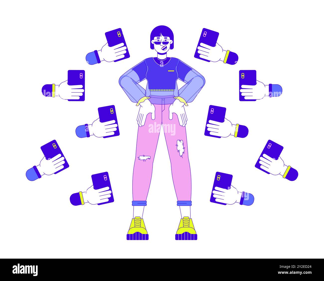 Fans taking photos of fashion idol 2D linear illustration concept Stock ...