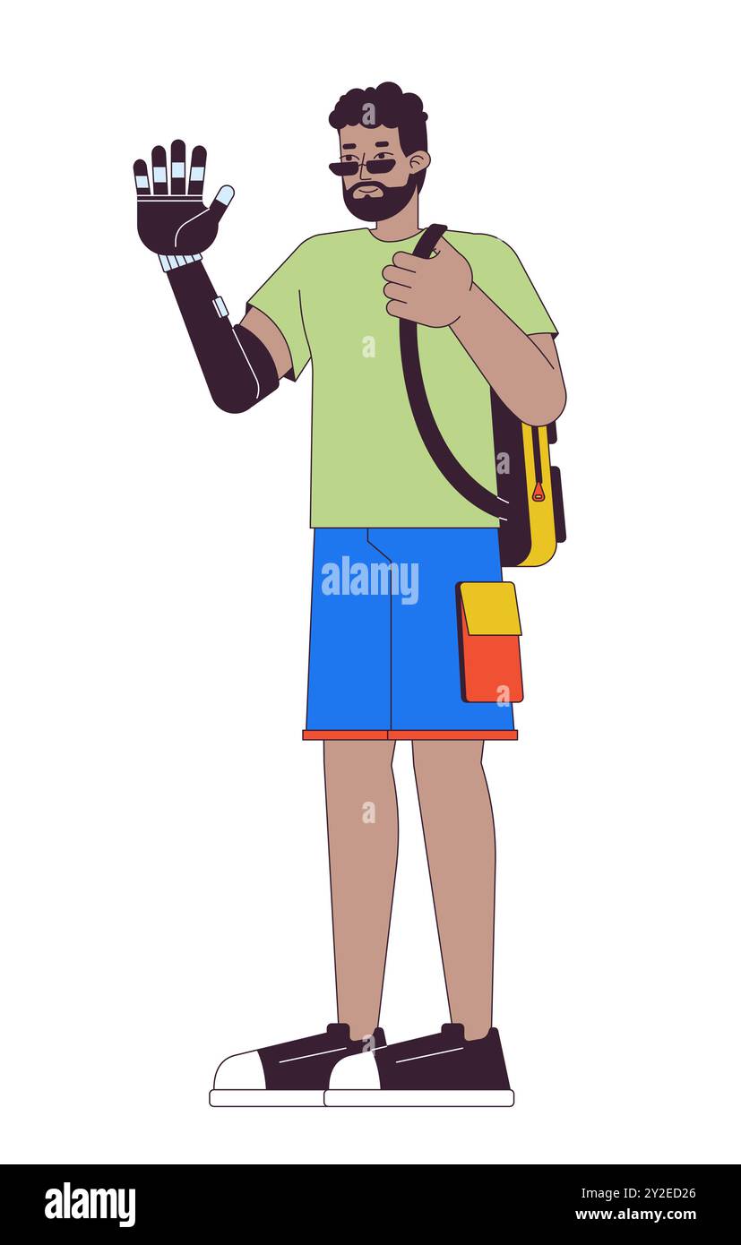 African american man waving prosthetic hand 2D linear cartoon character ...
