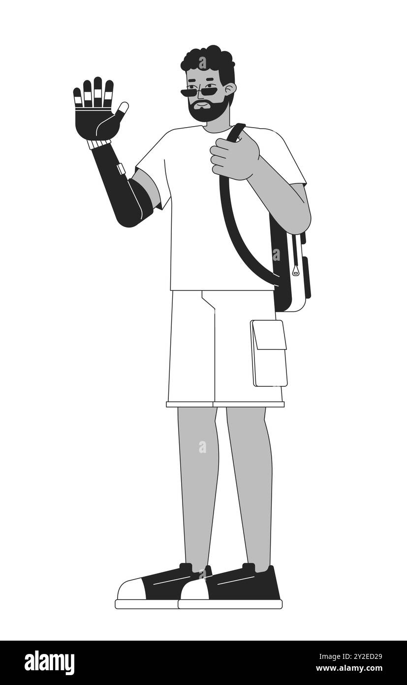 African american man waving prosthetic hand black and white 2D line cartoon character Stock ...