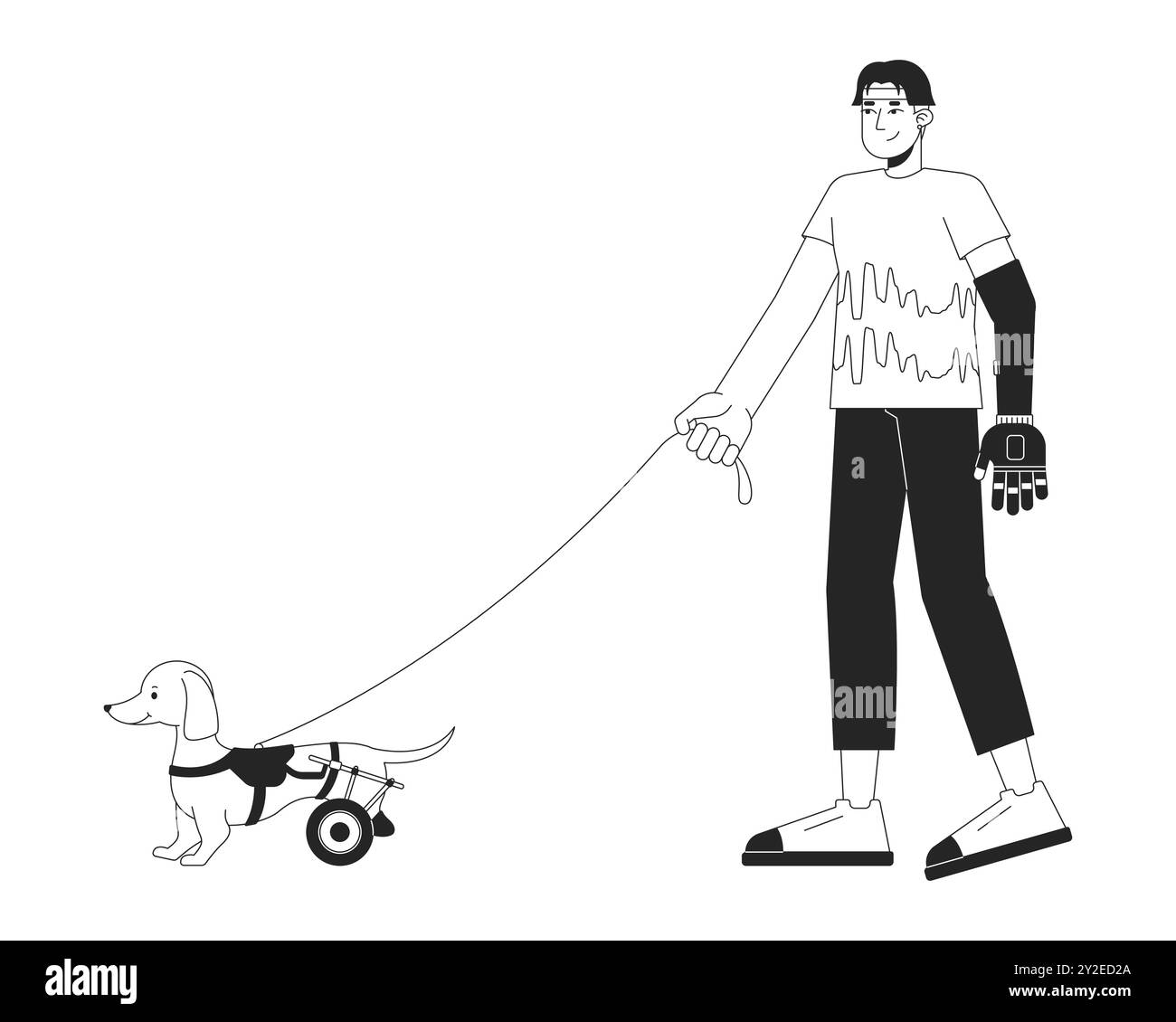 Disabled asian man walking wheelchaired dog black and white 2D line ...
