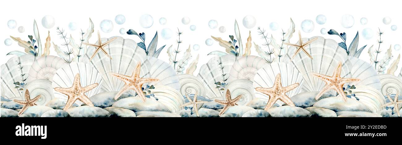 Seamless border of beige sea shells, bubbles and pebbles watercolor ...