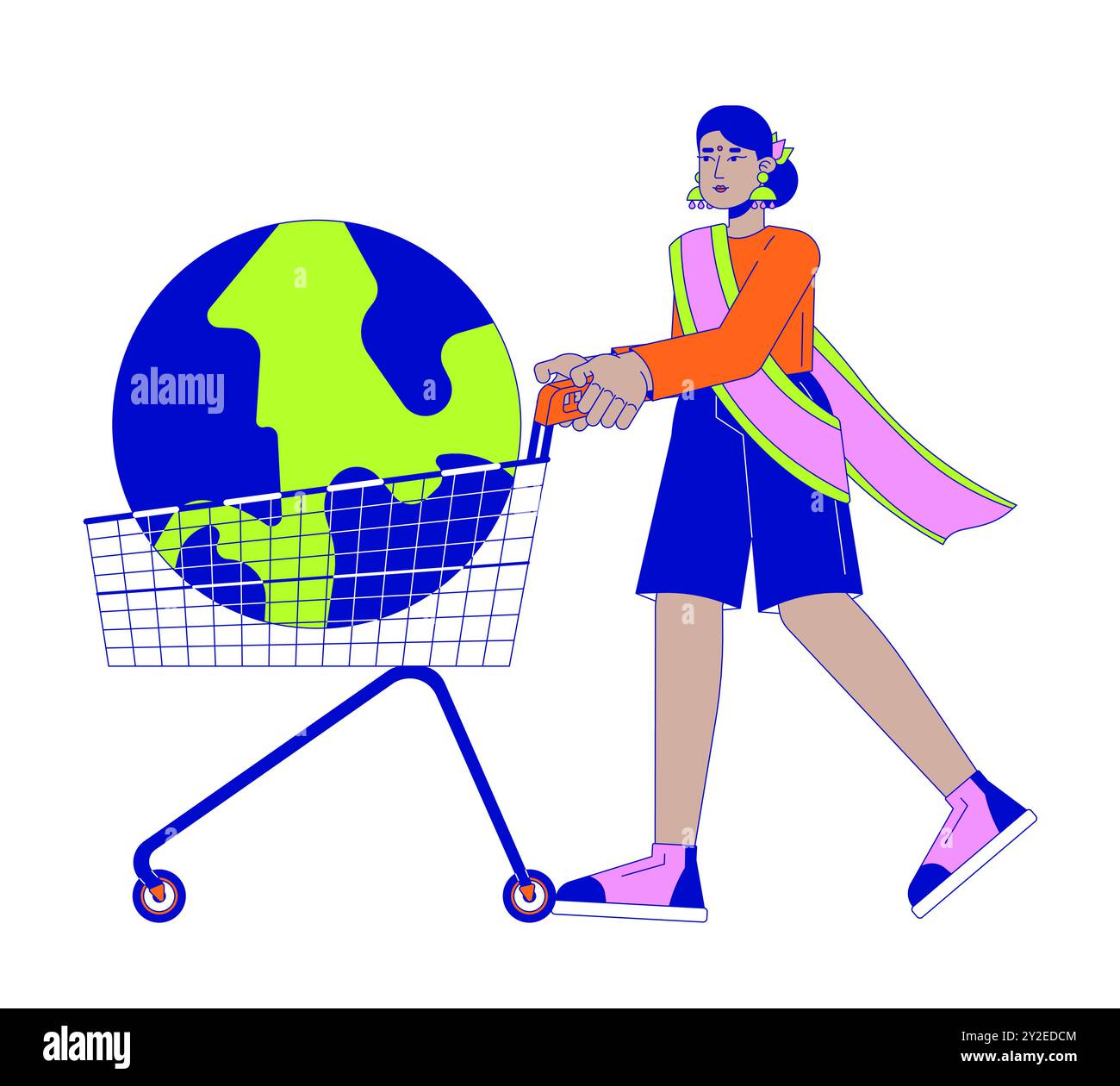 Indian woman pushing cart with earth globe 2D linear illustration ...