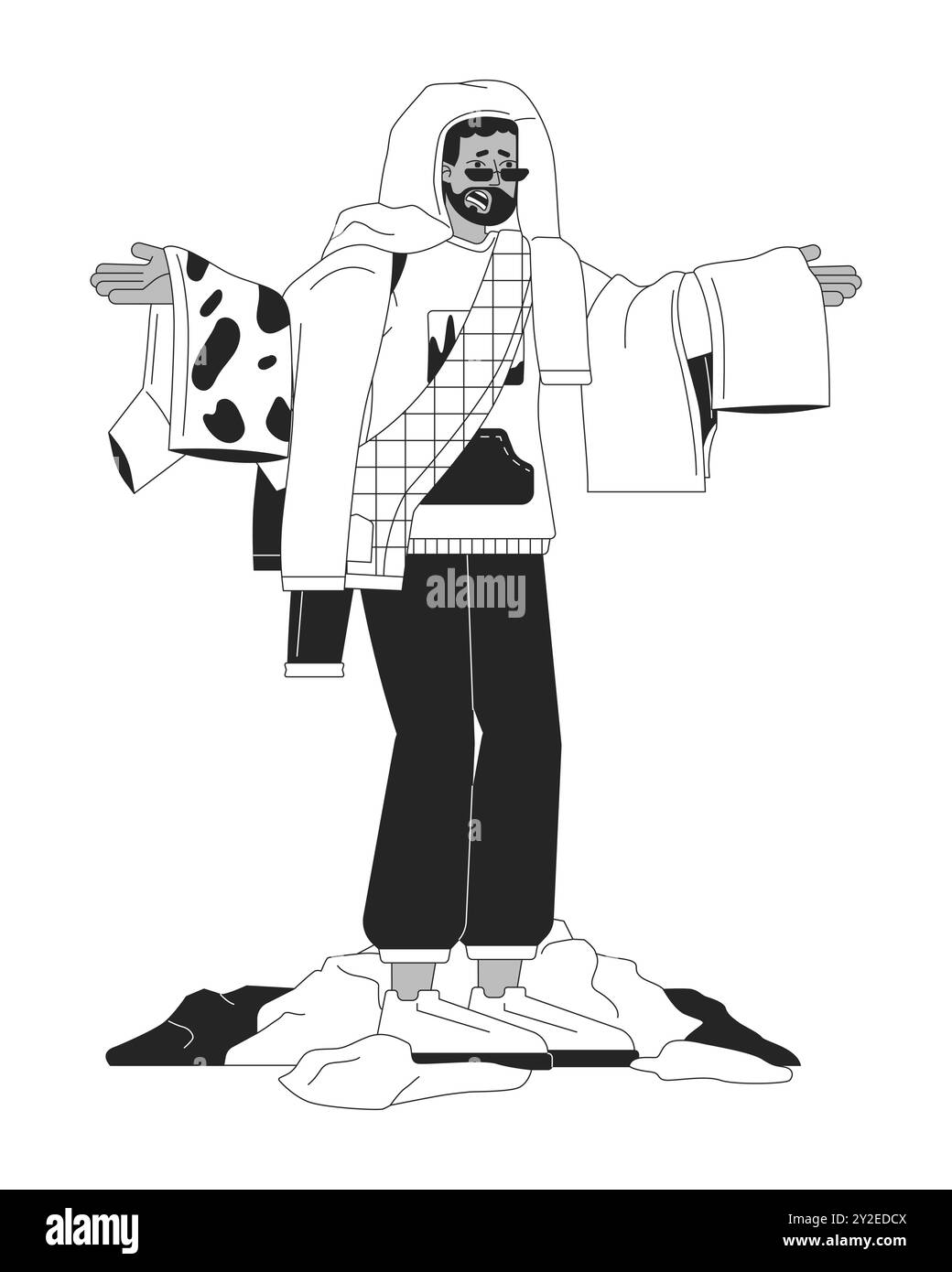 African american man having too much clothes black and white cartoon ...