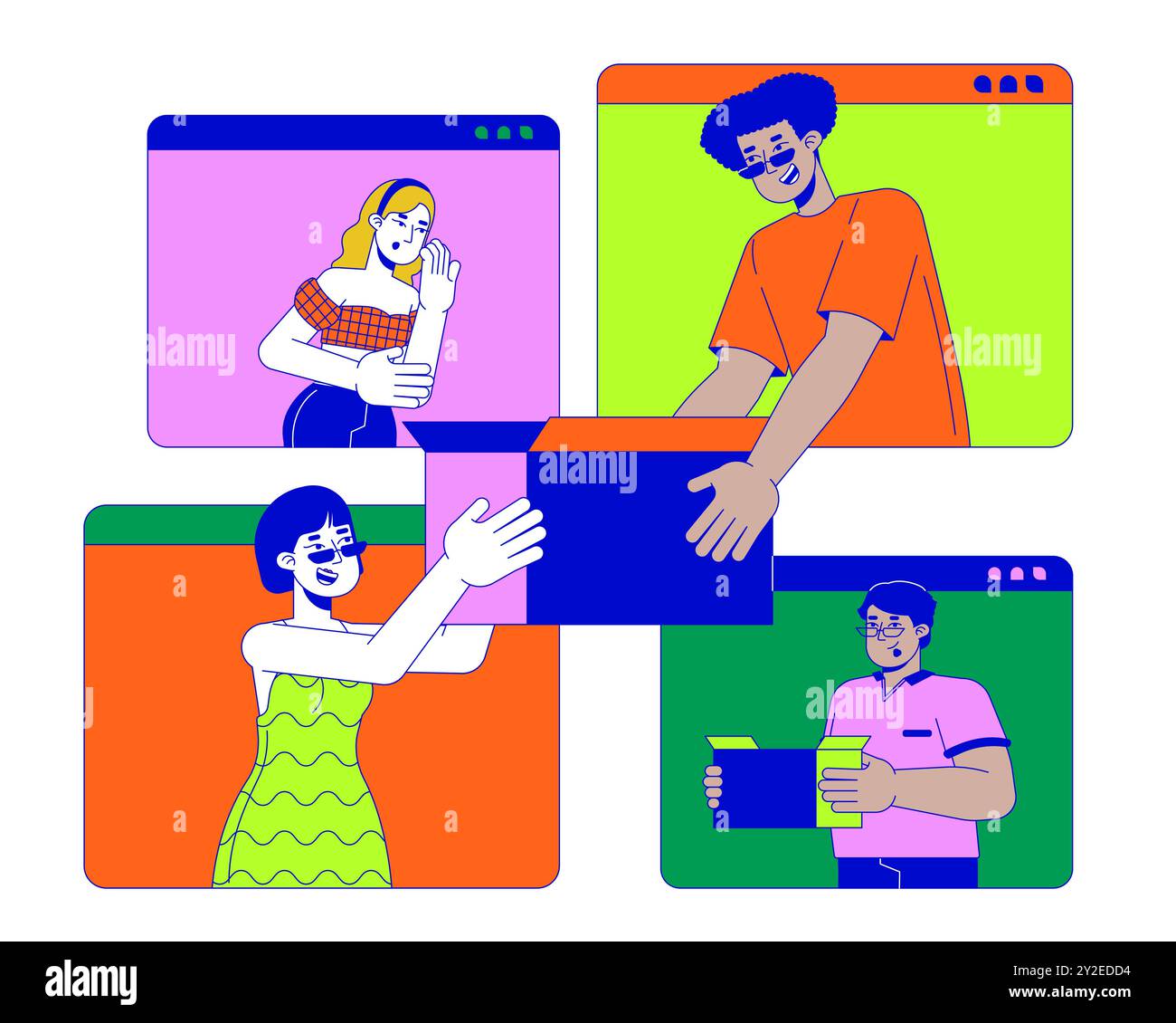 Multiethnic people buying and selling online 2D linear illustration ...