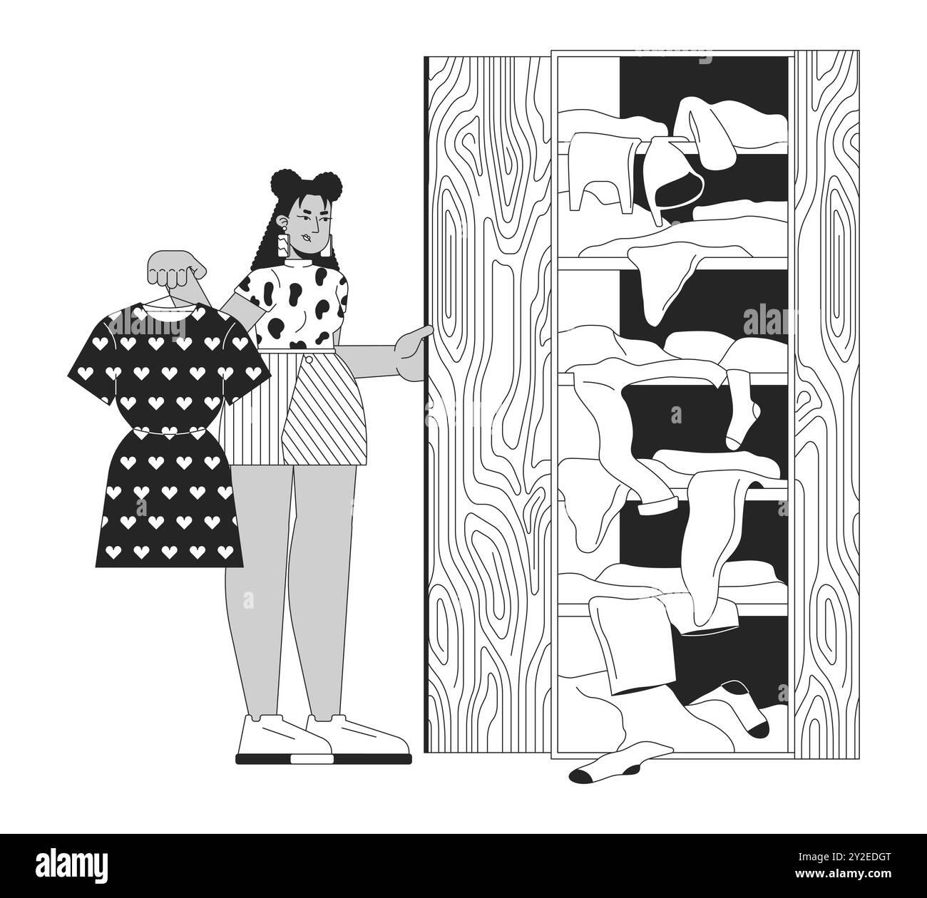 Displeased latina woman at wardrobe black and white cartoon flat ...