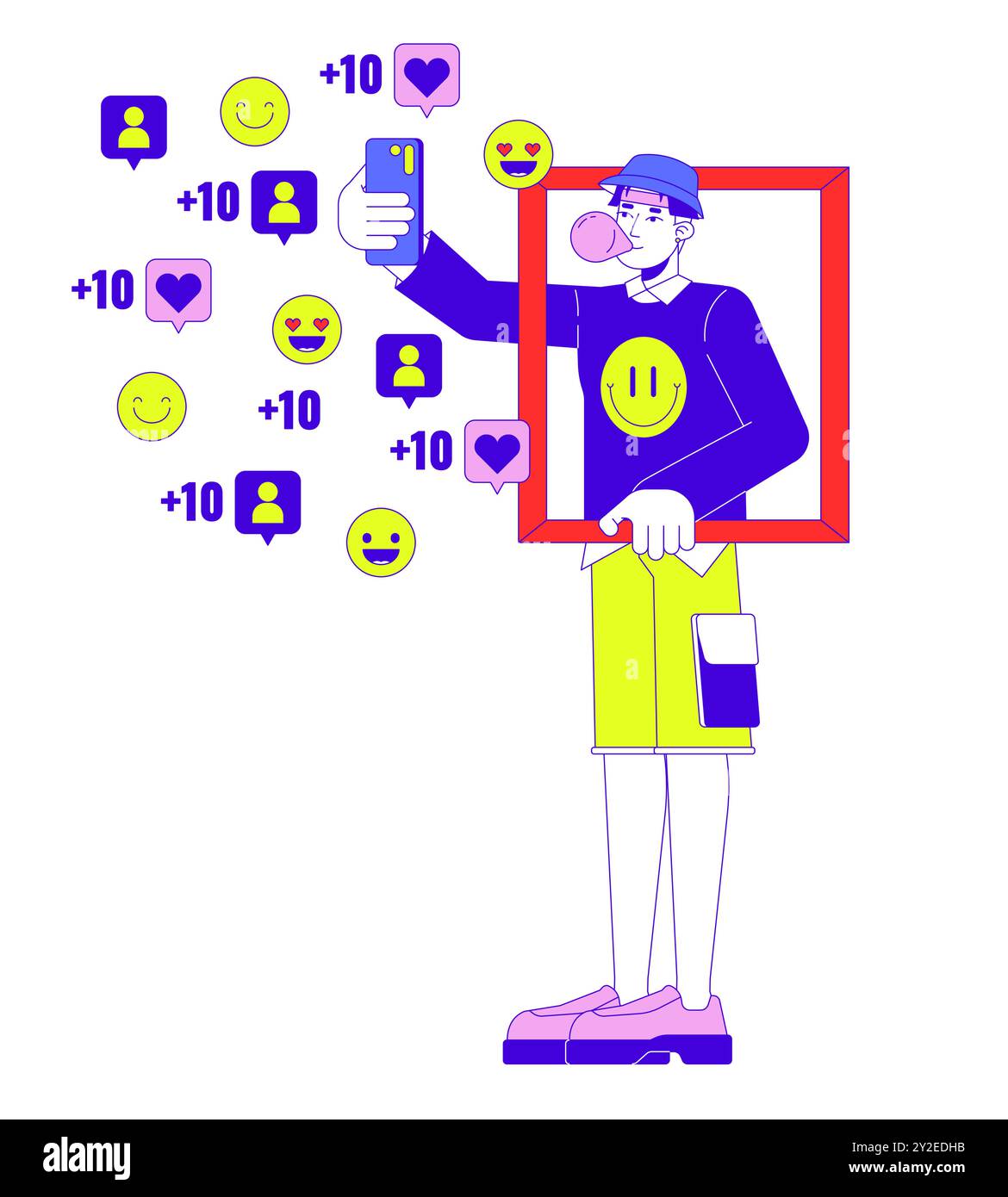 Male influencer selfie posting on social media 2D linear illustration ...