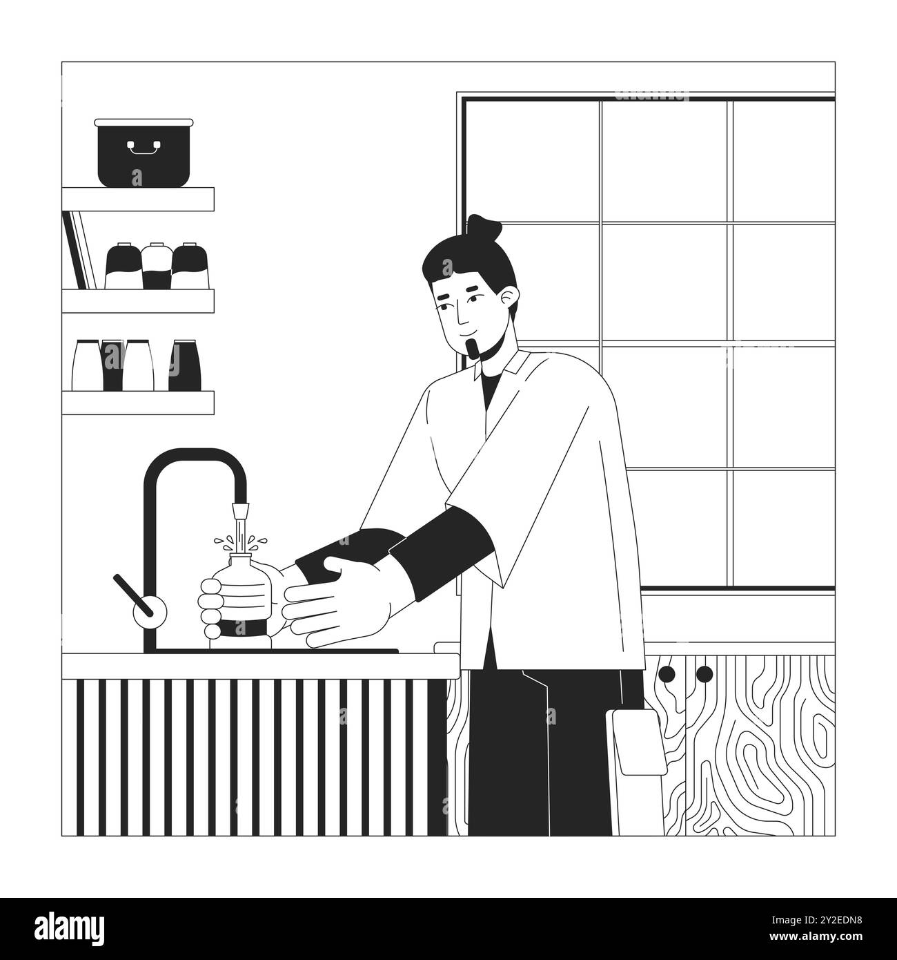 European guy filling bottle with water in kitchen black and white line ...