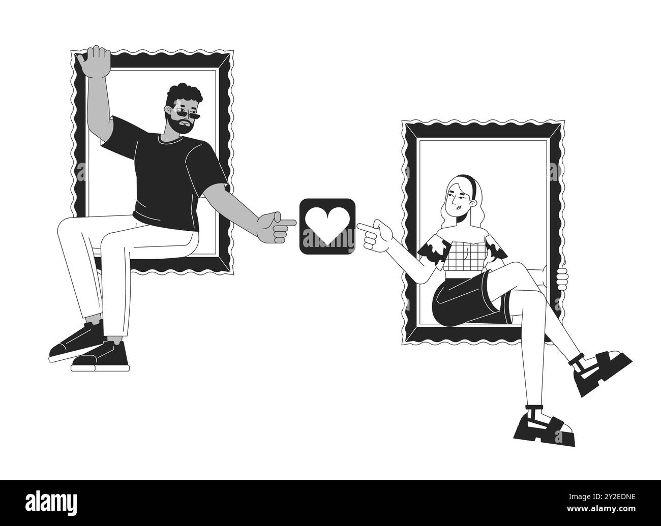 Liking pictures on social media black and white 2D illustration concept ...