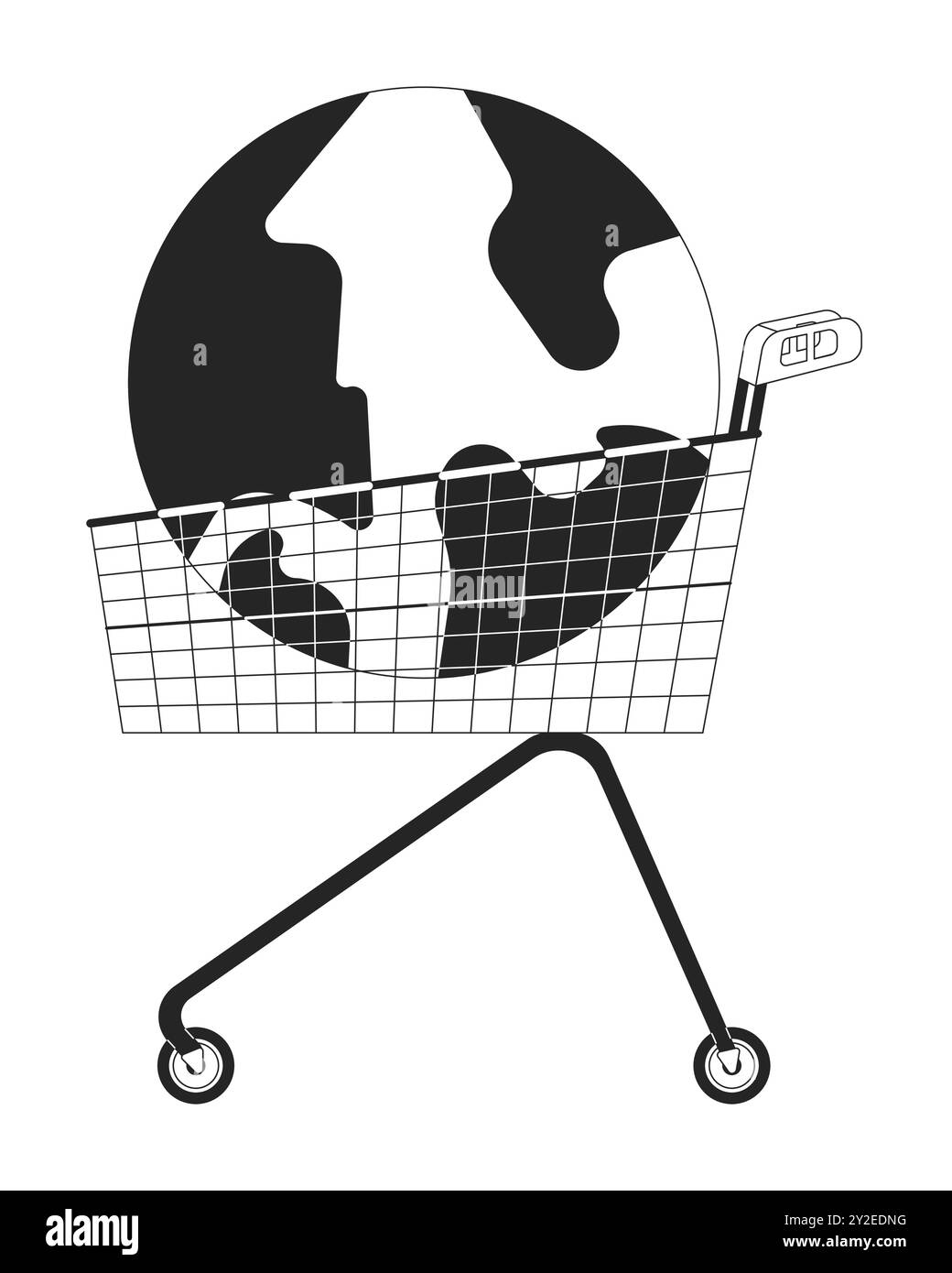 Earth globe in shopping cart black and white 2D line cartoon object ...