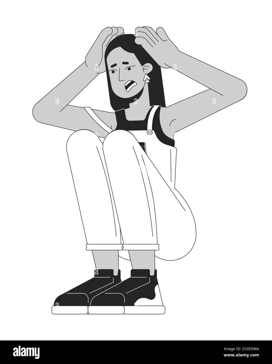 Stressed arab woman covering head black and white 2D line cartoon ...