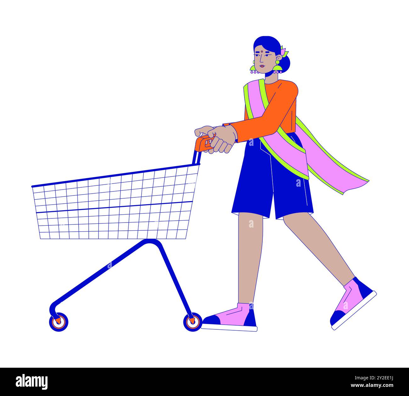 Hindu female uses shopping cart 2D linear cartoon character Stock ...