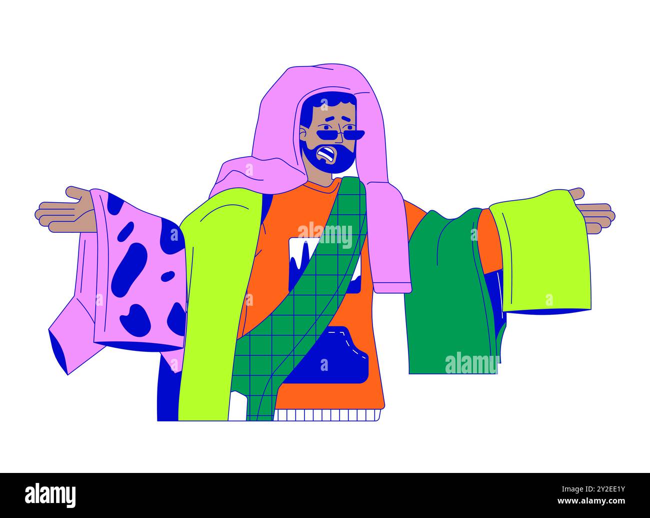 Sad african american man covered with outfit heap 2D linear cartoon ...