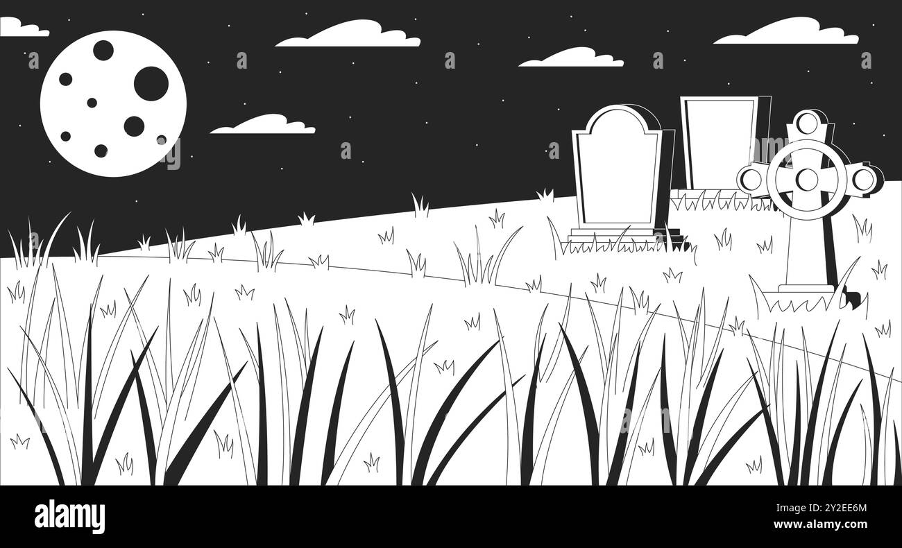 Old cemetery at full moon outline 2D cartoon background Stock Vector ...