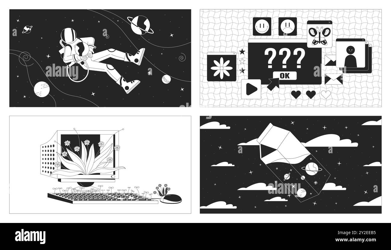 Outer space and computer technology black and white lofi wallpaper set ...