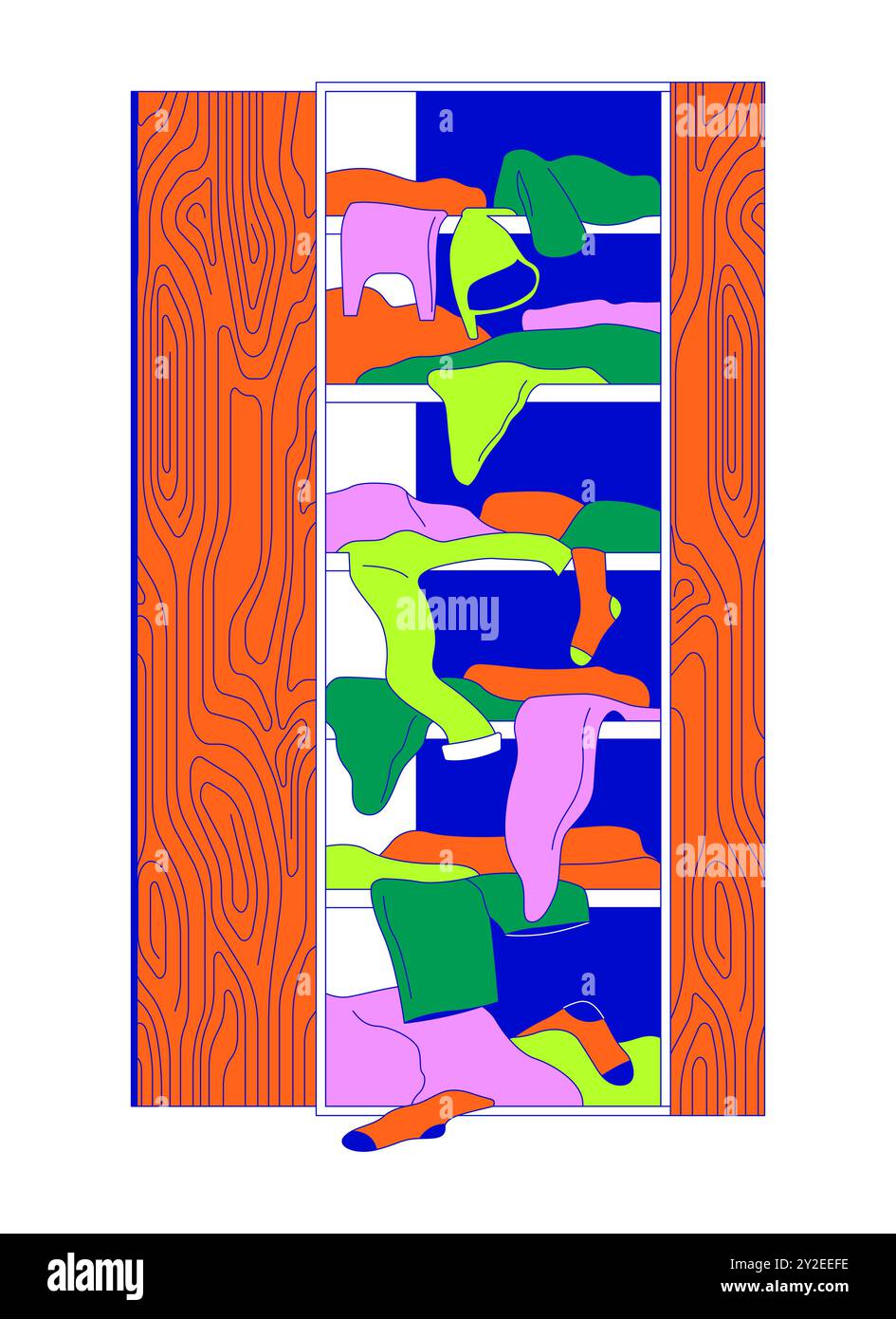 Wardrobe full of messy clothes 2D linear cartoon object Stock Vector ...