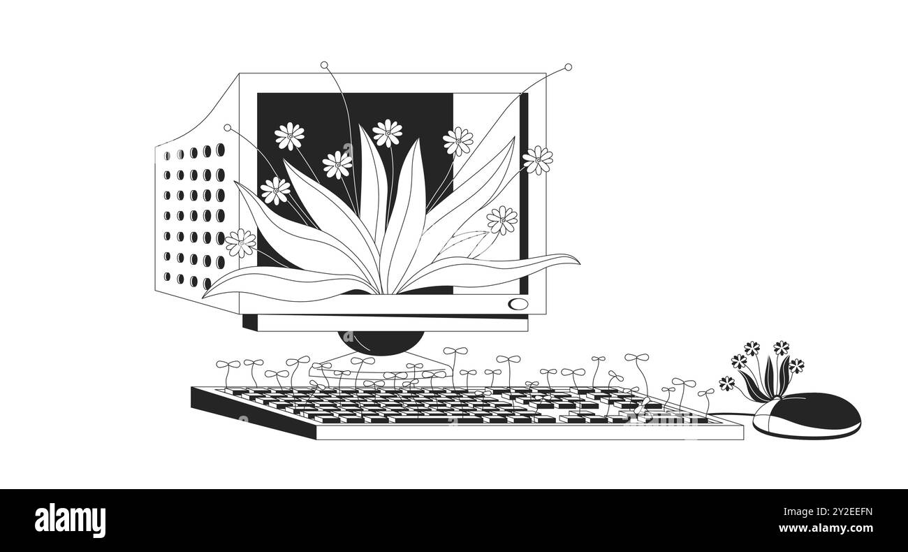 Old computer with growing plants black and white lofi wallpaper Stock ...