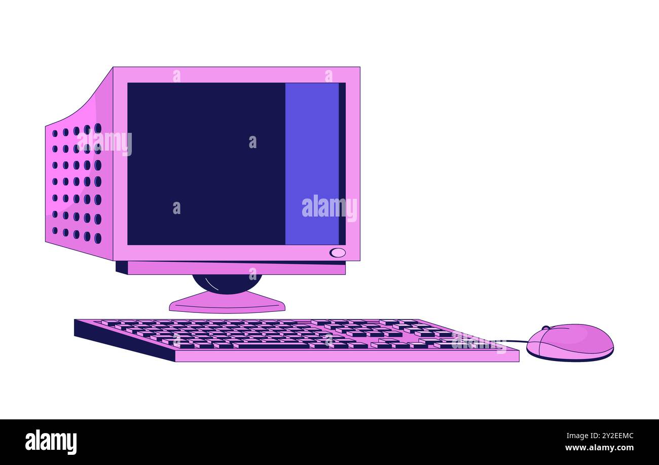 Vintage computer with monitor 2D linear cartoon object Stock Vector ...