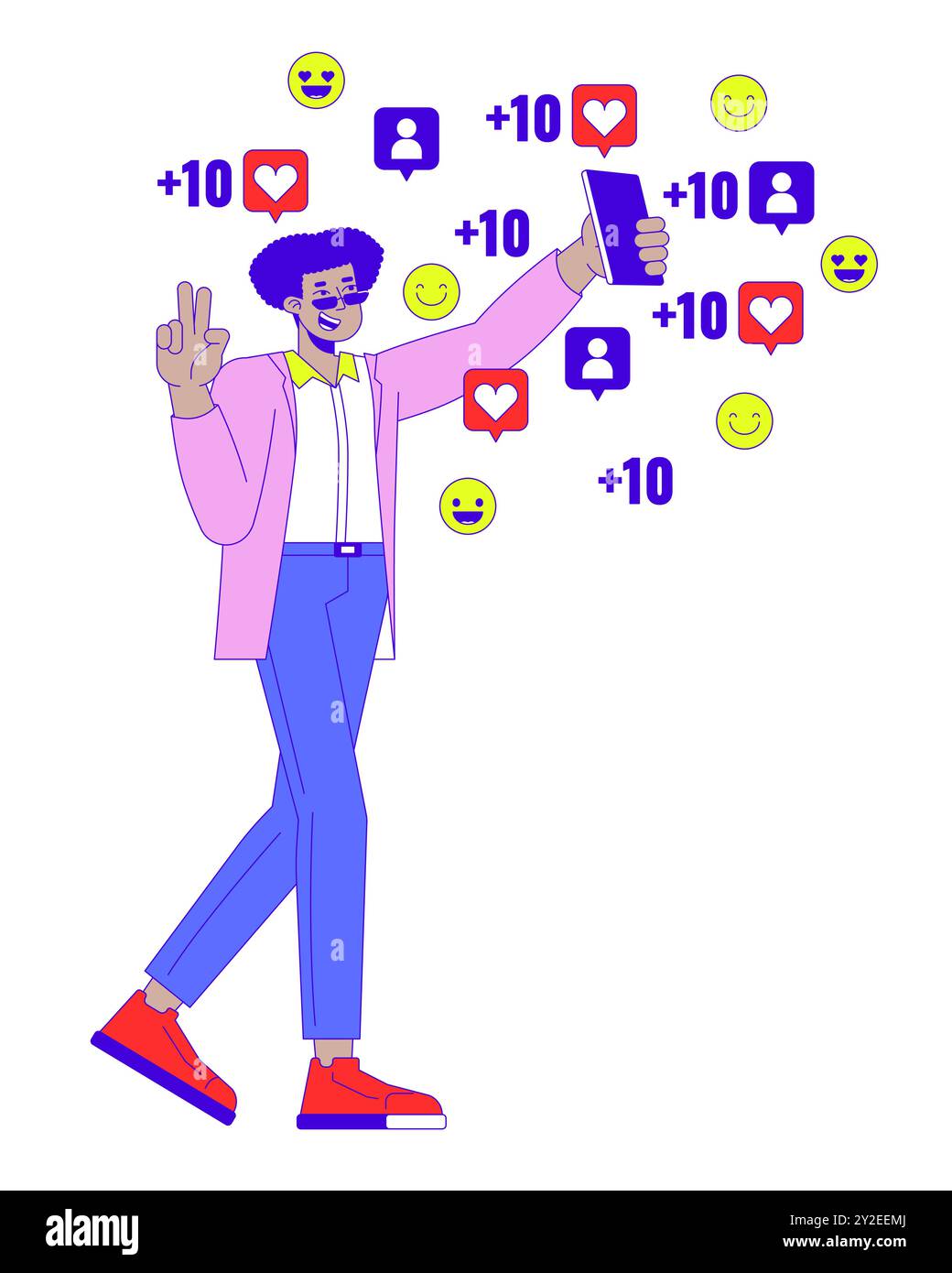 Influencer man with phone followers likes 2D linear illustration ...