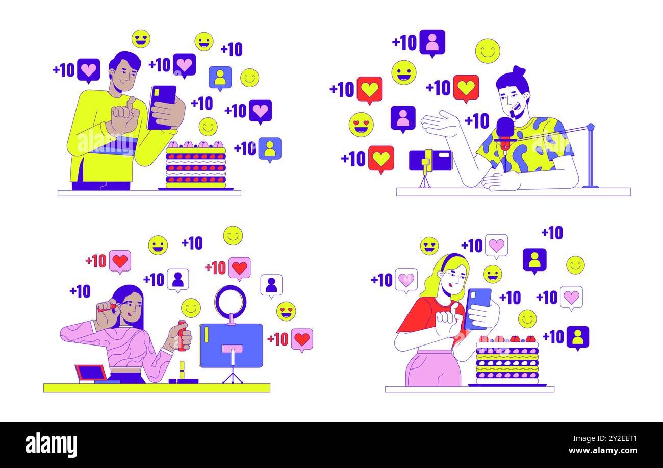 Influencer marketing 2D linear illustration concept set Stock Vector ...