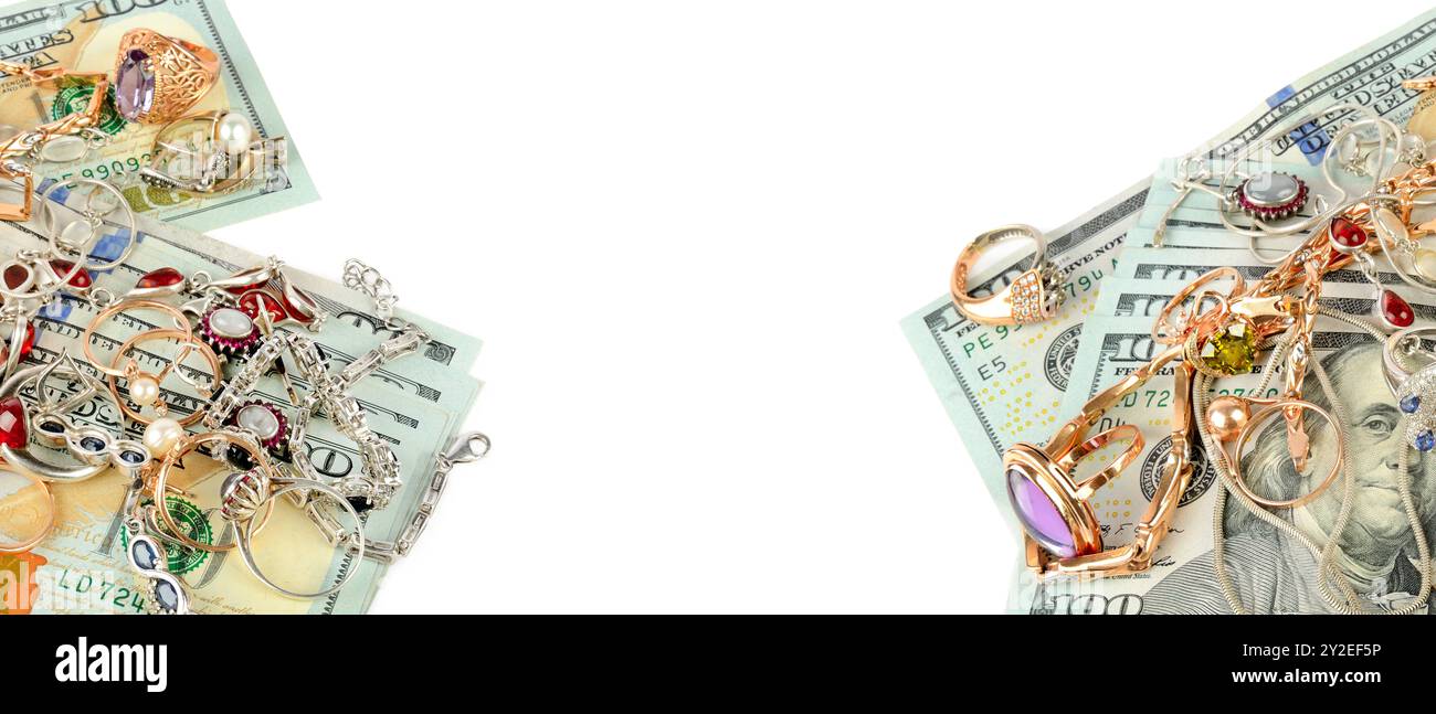 American dollars and jewelry isolated on white background. Free space ...
