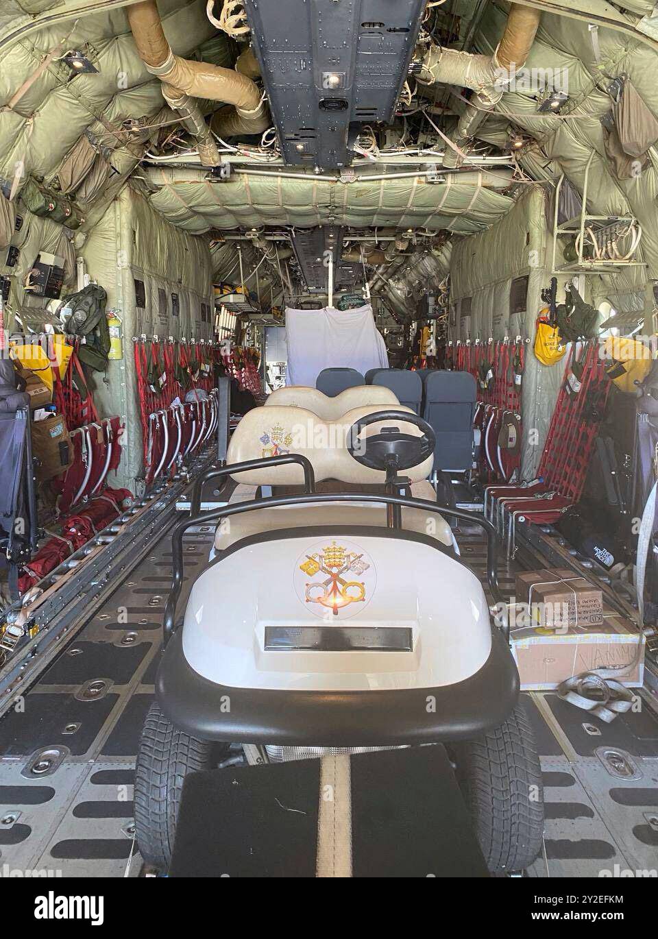 The golf cart used by Pope Francis during his visit to Vanimo, Papua ...