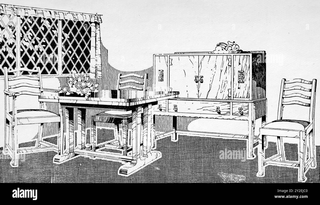 A dining room suite made by craftsmen in High Wycombe. Line drawing ...