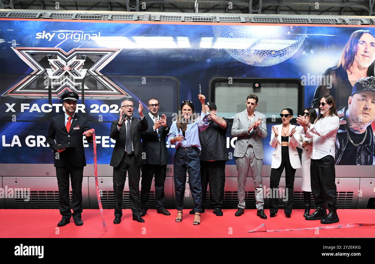 Milan, Italy X Factor 2024 photocall with Giorgia presenter, Achille Lauro, Jake La Furia ...