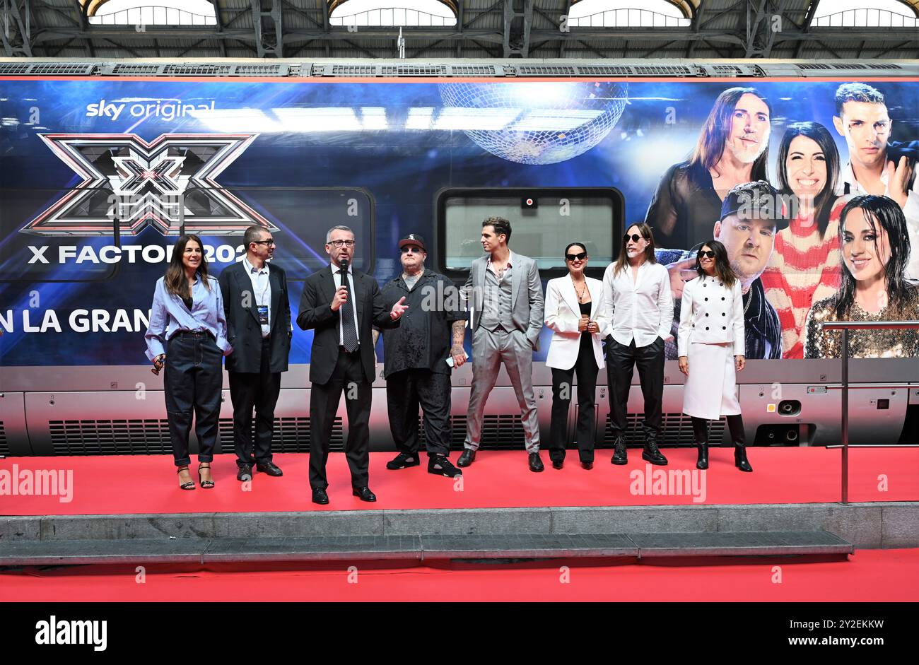 Milan, Italy X Factor 2024 photocall with Giorgia presenter, Achille Lauro, Jake La Furia ...
