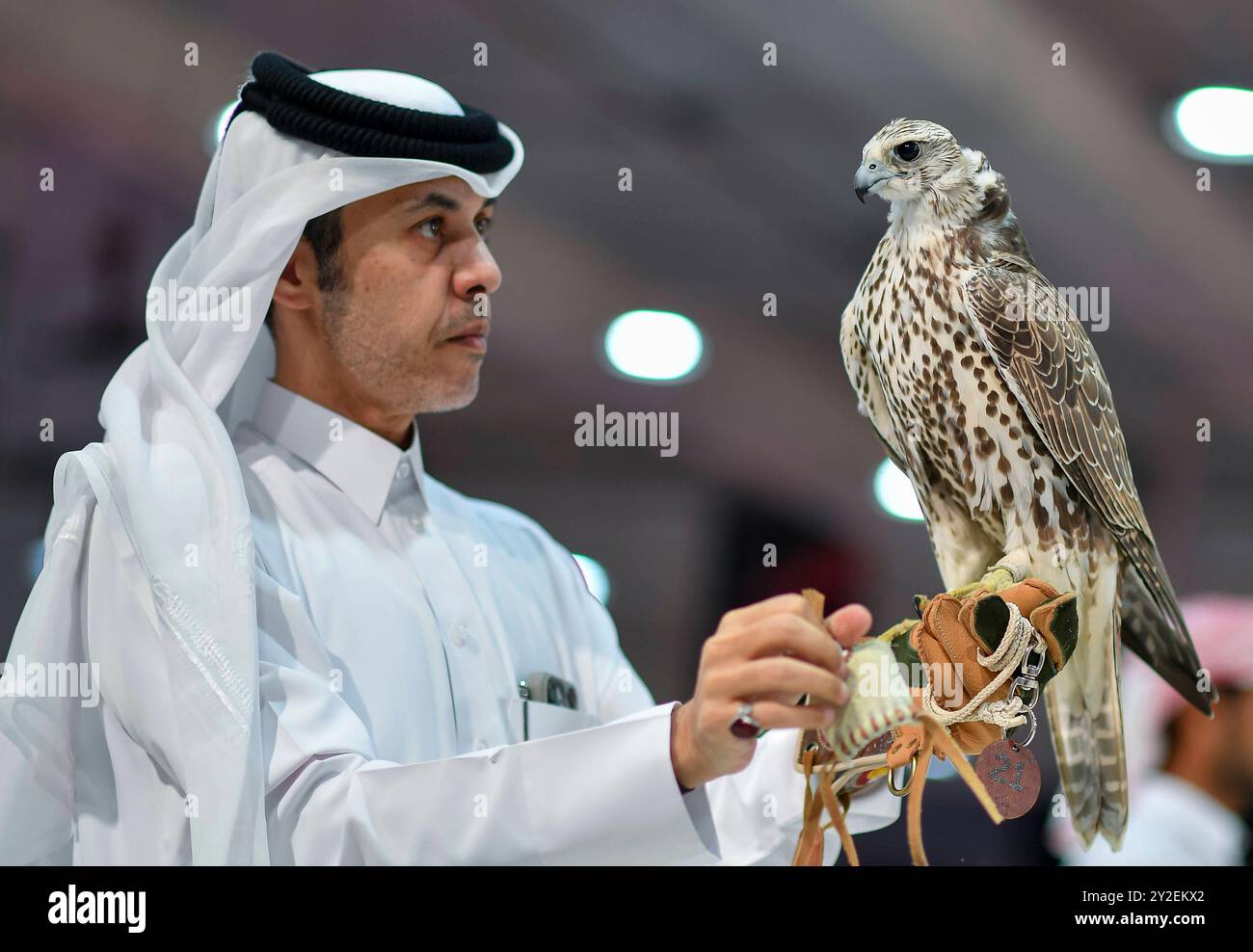 INTERNATIONAL HUNTING AND FALCONS EXHIBITION IN DOHA An exhibitor shows ...