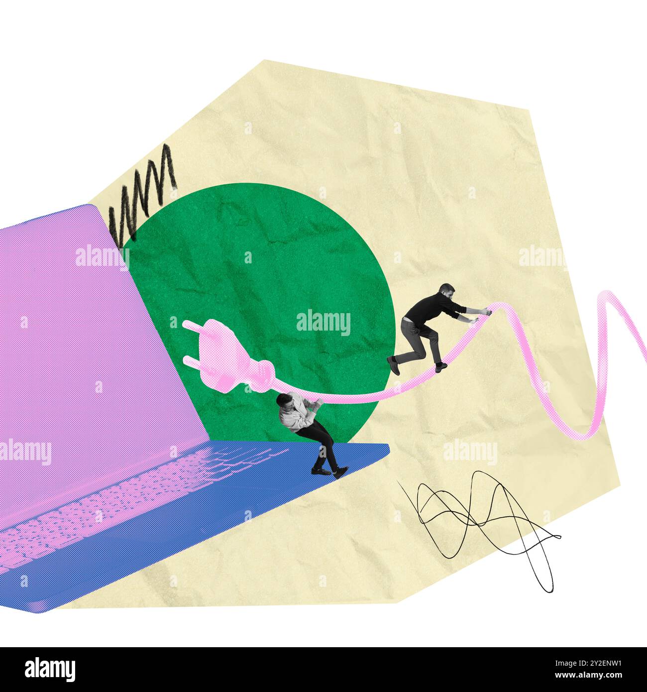 Two men, employees pulling plug. Start of work. Staying connected and ...