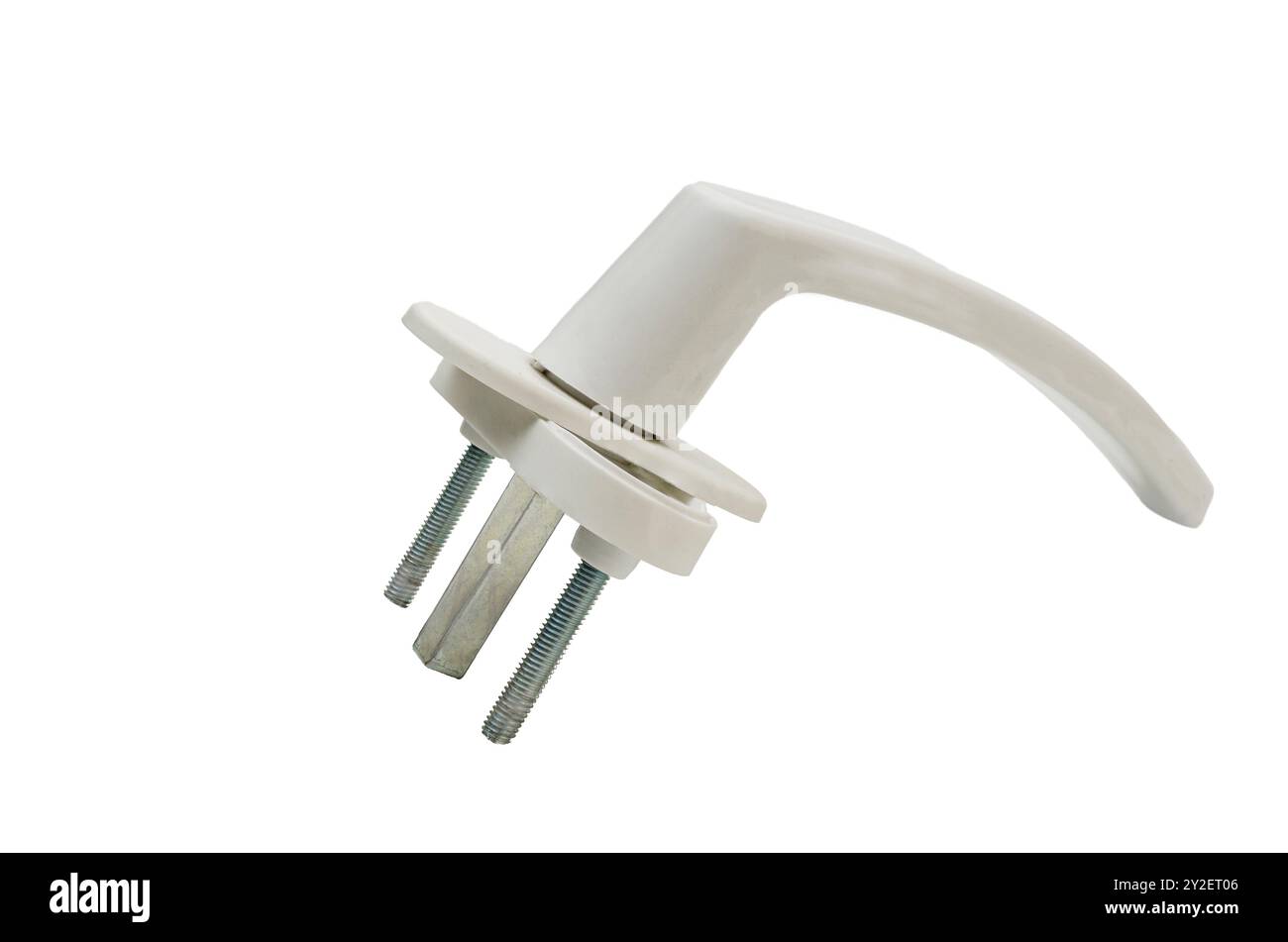 Close-up of a white handle, part of a locking mechanism for a door or ...