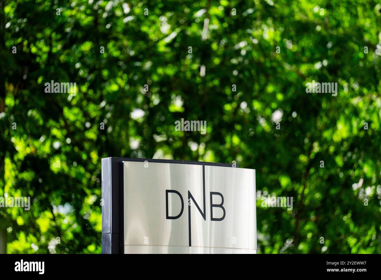 Oslo 20240910. The logo of the Norwegian Bank DNB outside head offices ...