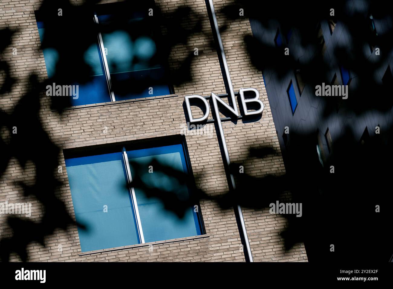 Oslo 20240910. The logo of the Norwegian Bank DNB outside head offices ...