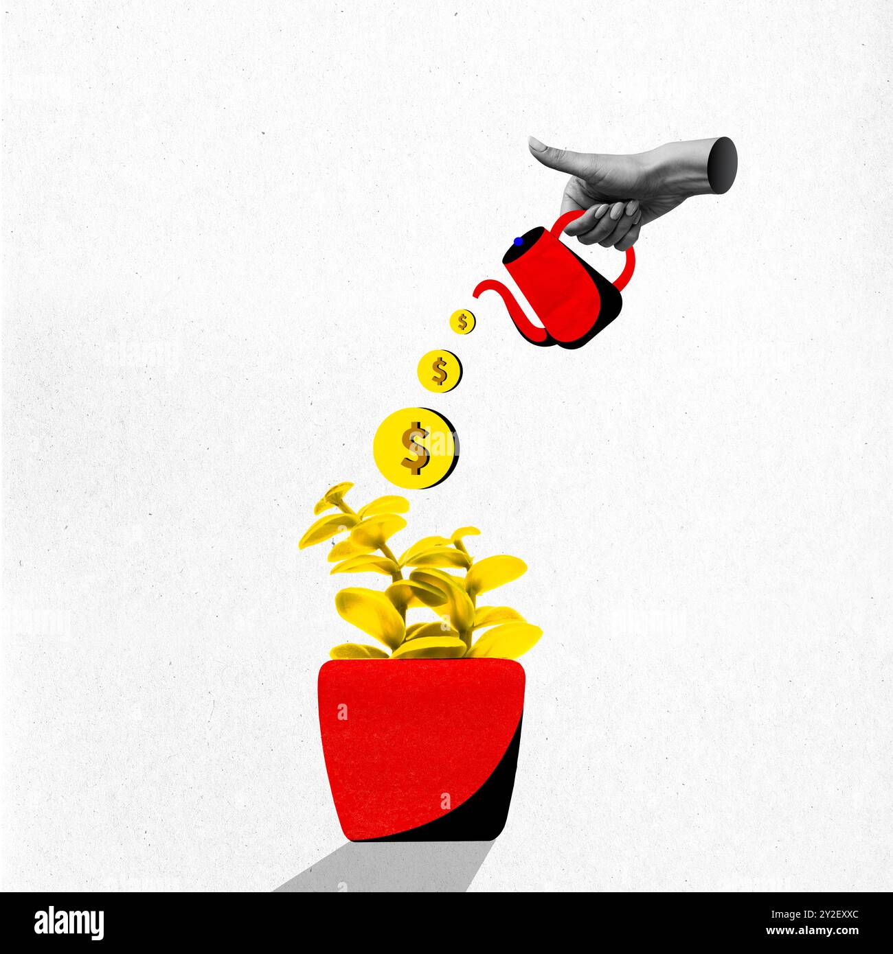 Hand watering pot with golden flower growing coins. Profitable venture ...