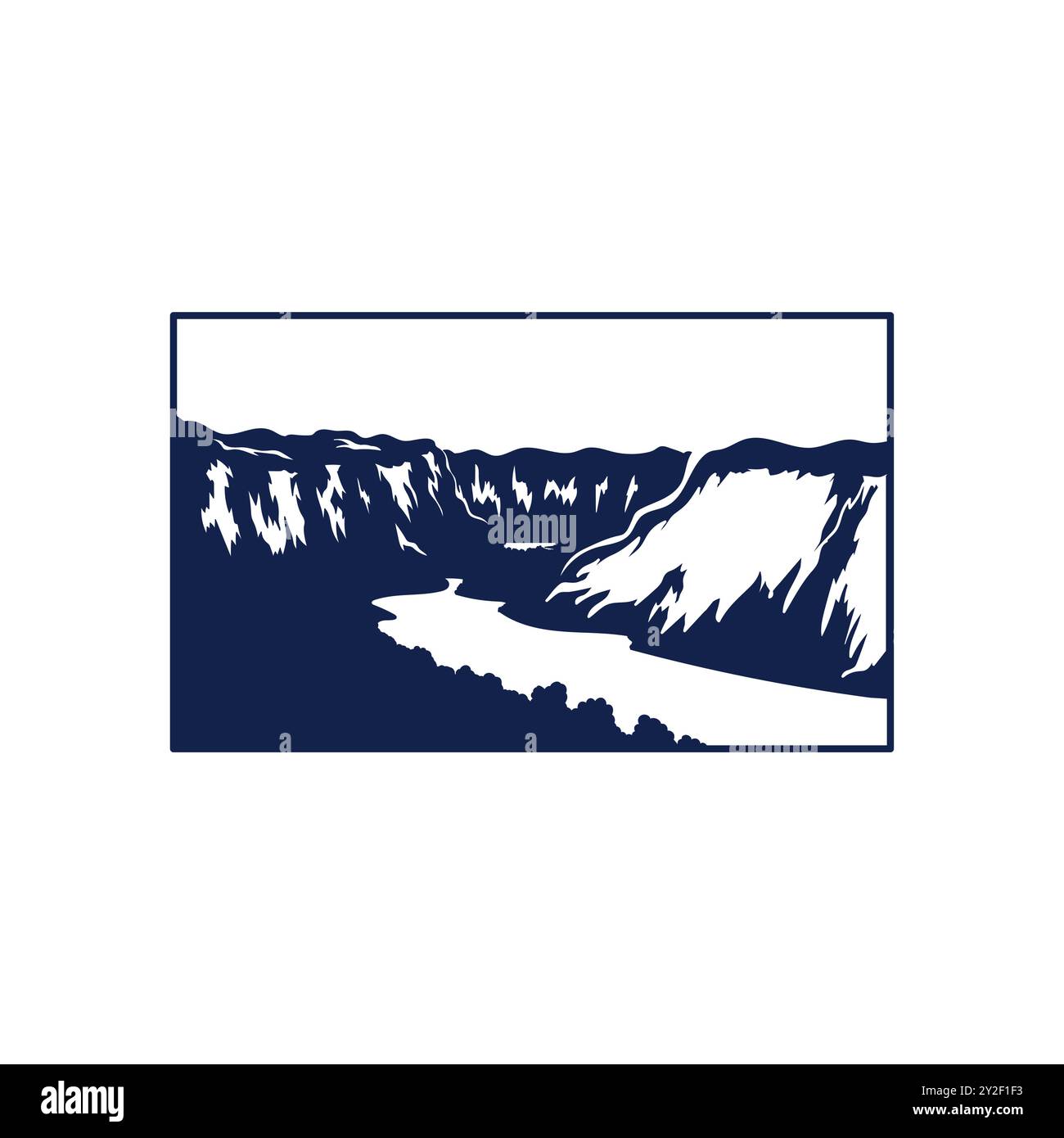 Square Vintage Retro Rocky Canyon Ravine with River Creek Illustration ...