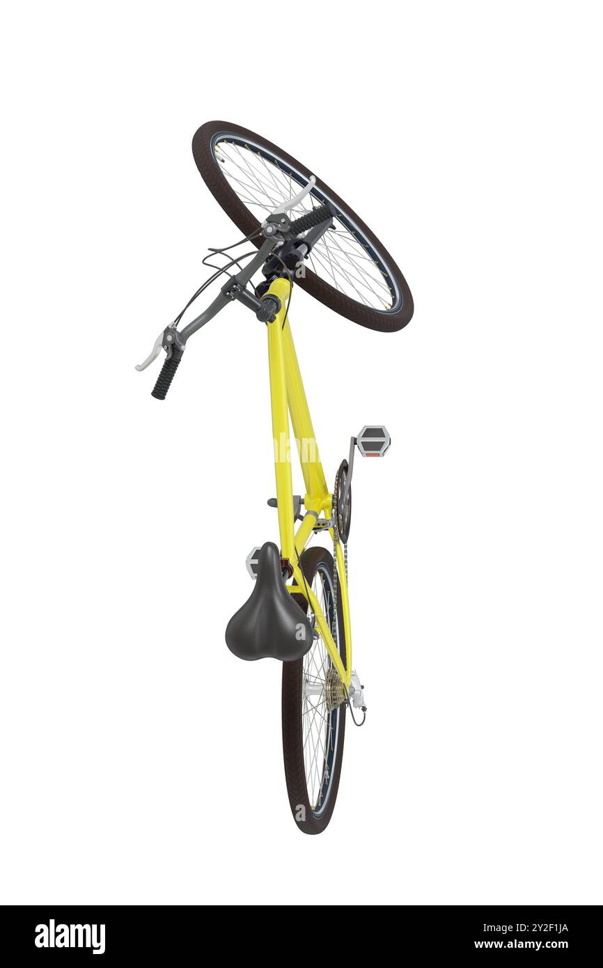 Yellow bicycle standing on kickstand, top view isolated on white ...