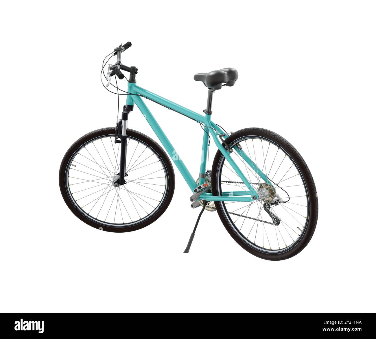 Blue teal bicycle standing on kickstand, side back view isolated on ...