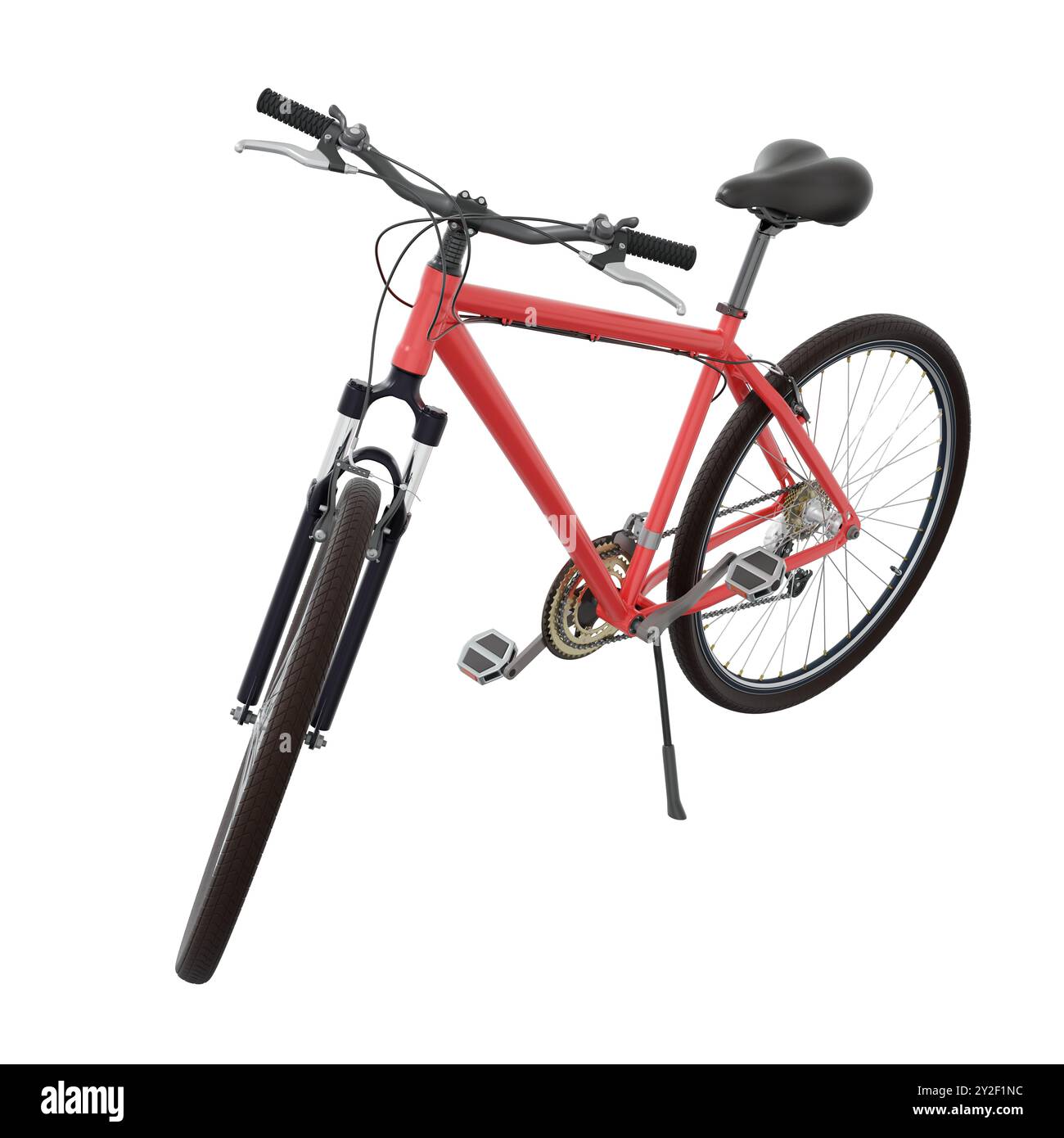 Red bicycle standing while leaning on kickstand, front side view. Bike ...