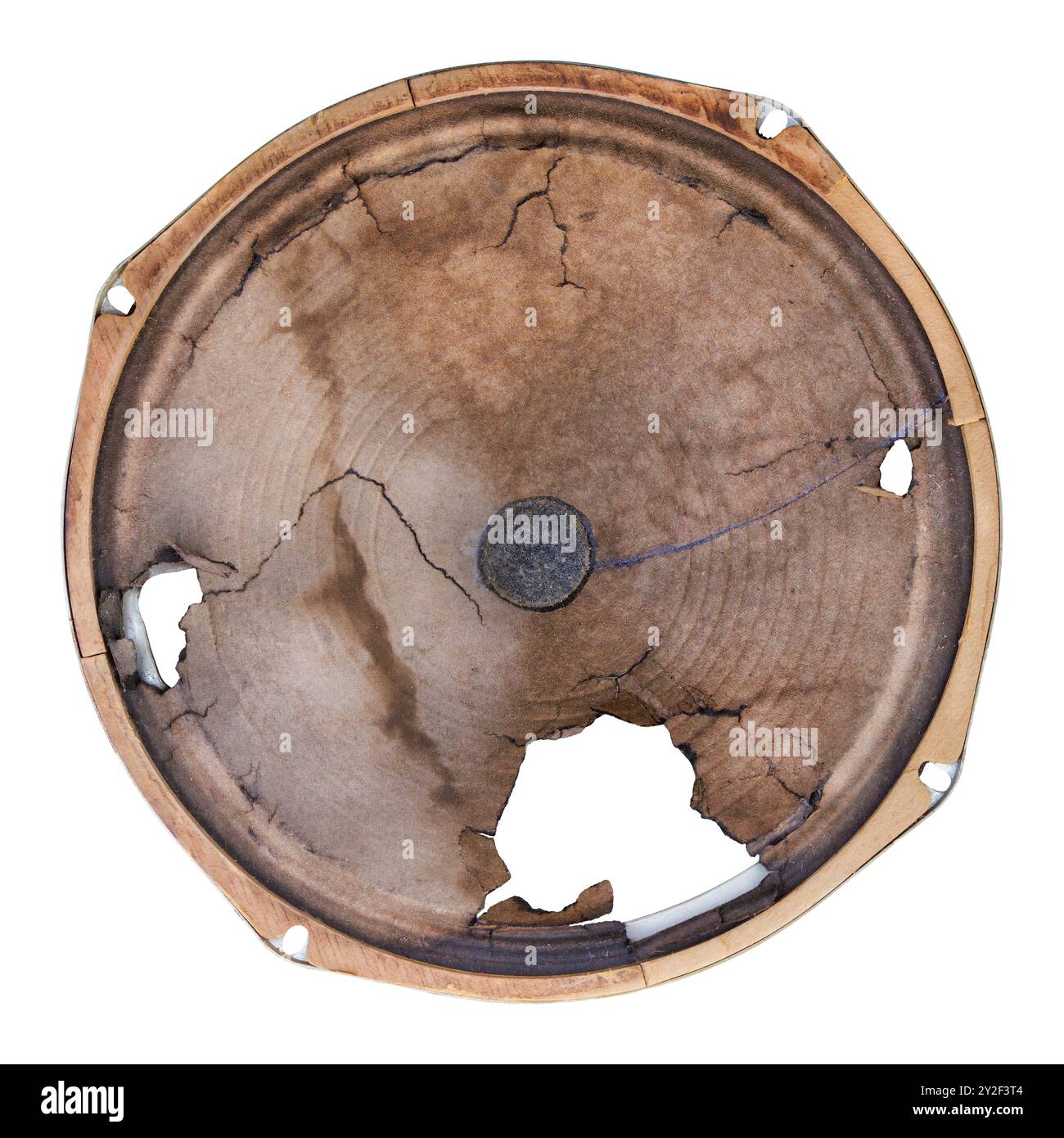 Vintage damaged large full range speaker isolated on a white background ...