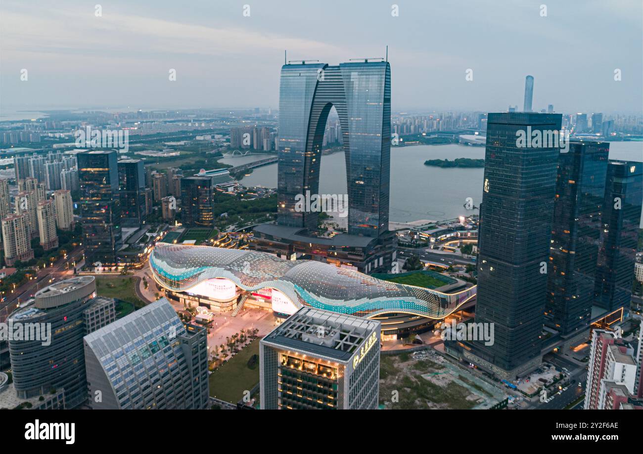 Suzhou, China - June 12, 2019: Aerial view of a modern city skyline ...